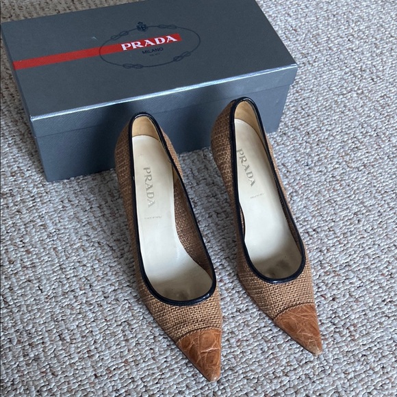 Prada | Shoes | Prada Tan Leather And Wicker Pointed Toe Kitten Heel ...